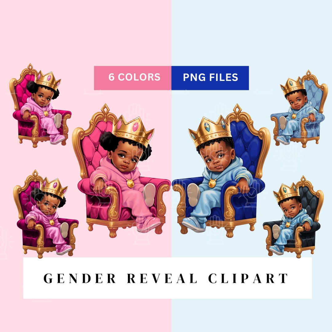 Black Gender Reveal Clipart, Little Black Boy Prince & Baby Girl ...