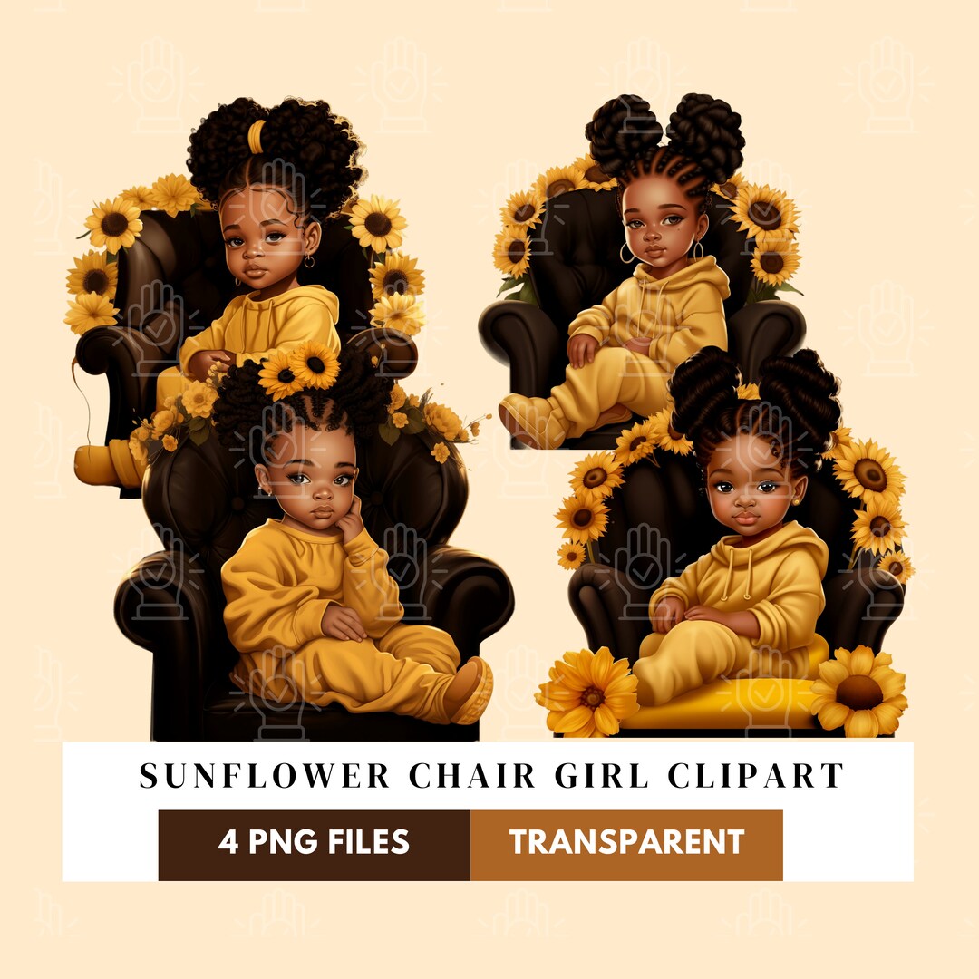 Little Sunflower Black Girl Clipart, 4 PNG Baby Sunshine in Chair ...