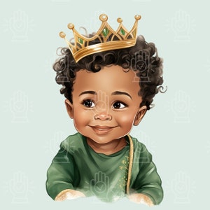 Black Baby Prince in Green Clipart, Brown Boy Kid With Gold Crown, Afro ...