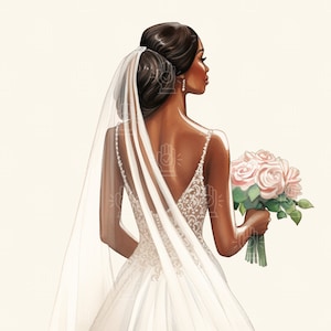 Black Bride Back View Clipart, 7 PNG, Wedding Woman With Veil, Flowers ...
