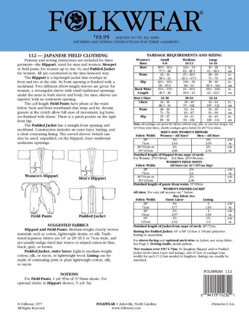 Folkwear Paper Sewing Pattern: Japanese Field Clothing No. 112 - Etsy UK