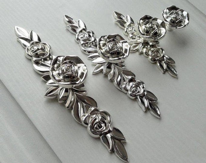 Antique Silver Rose Shabby Chic Dresser Drawer Pulls Handles / | Etsy