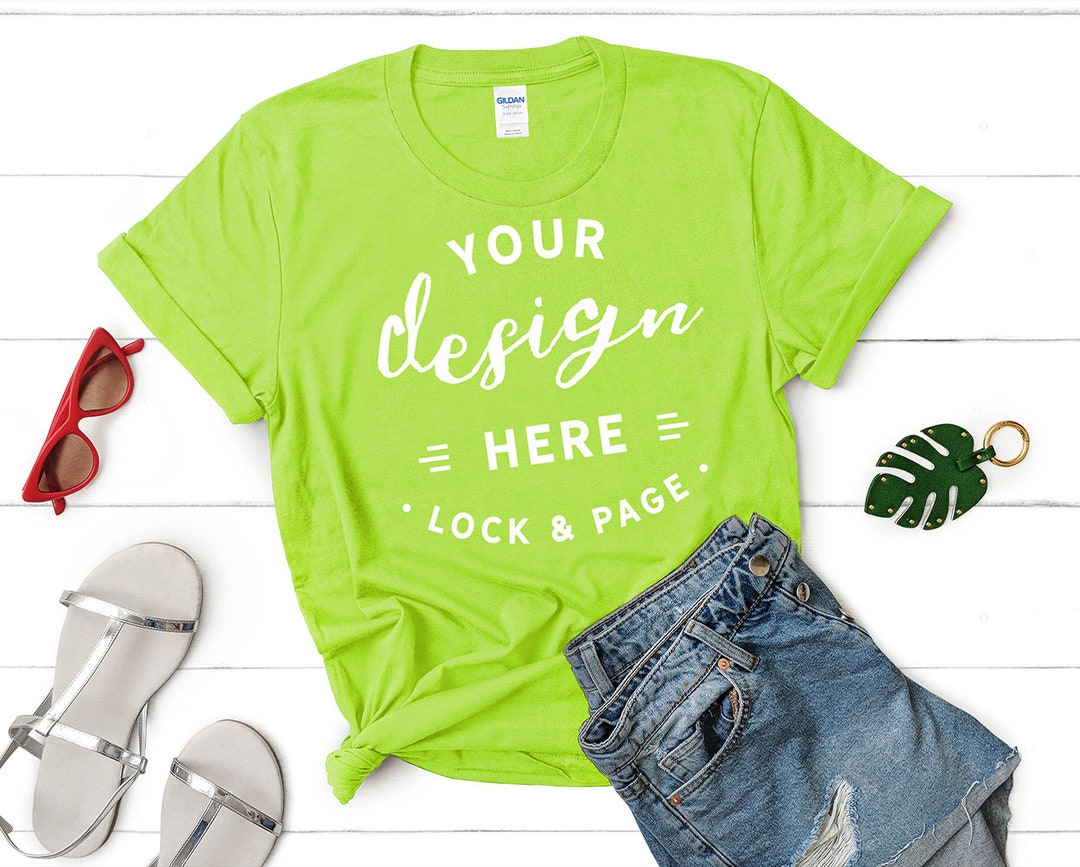 Gildan 5000 Neon Green T-shirt Mockup Feminine Flat Lay on Clean White ...
