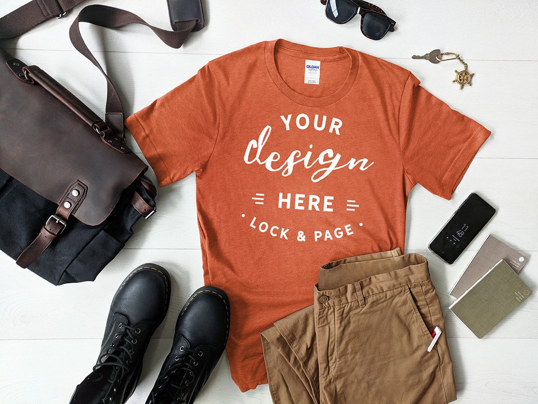 Men's Sunset Gildan 64000 T-shirt Mockup, Masculine Tshirt Fashion Flat ...