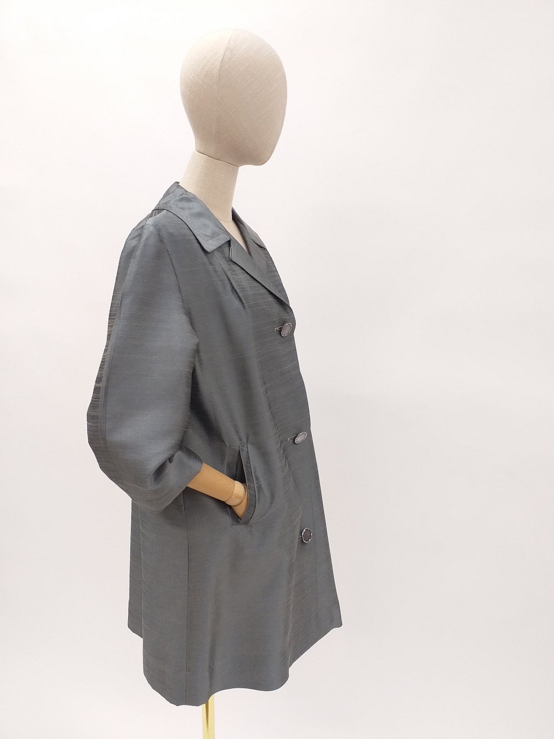 1950s 1960s Vintage Metallic Silver Grey Jacket / Duster Coat With ...