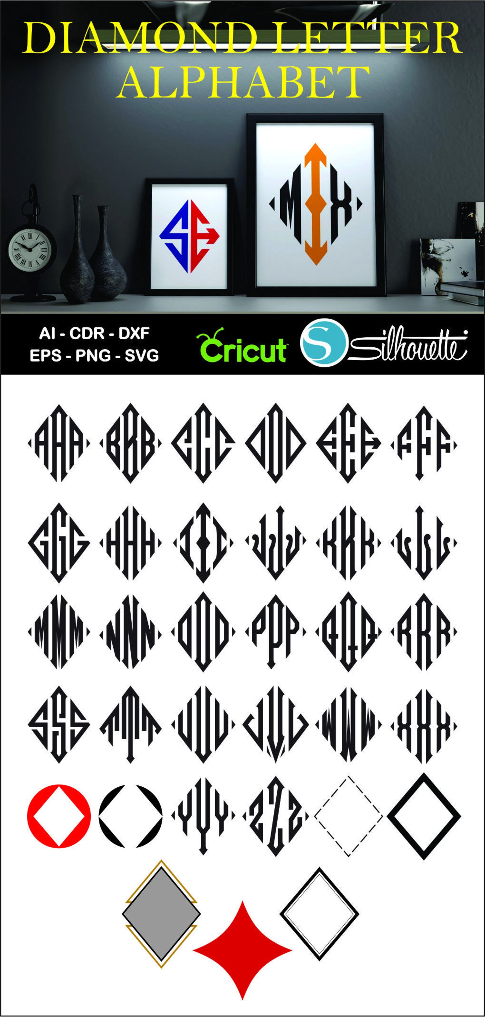 Buy 2 Get 1 Free, 3 Letter Diamond Monogram Alphabet, Ai, CDR, Eps, SVG ...