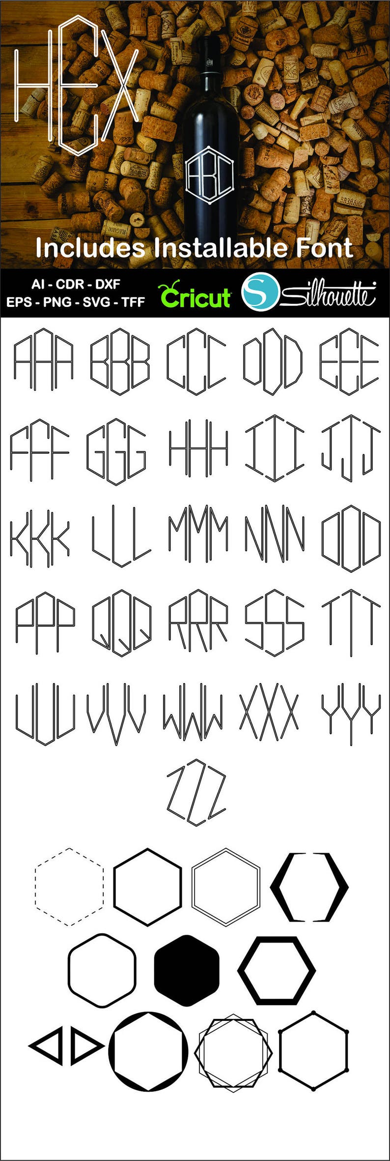 Buy 2 Get 1 Free, 3 Letter Hex Monogram Alphabet, Ai, CDR, Eps, SVG ...