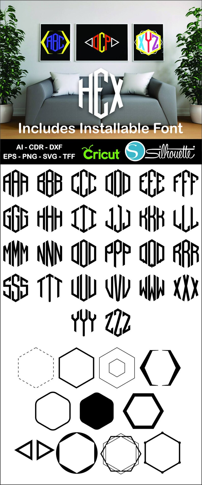 Buy 2 Get 1 Free, 3 Letter Hex Monogram Alphabet, Ai, CDR, Eps, SVG ...