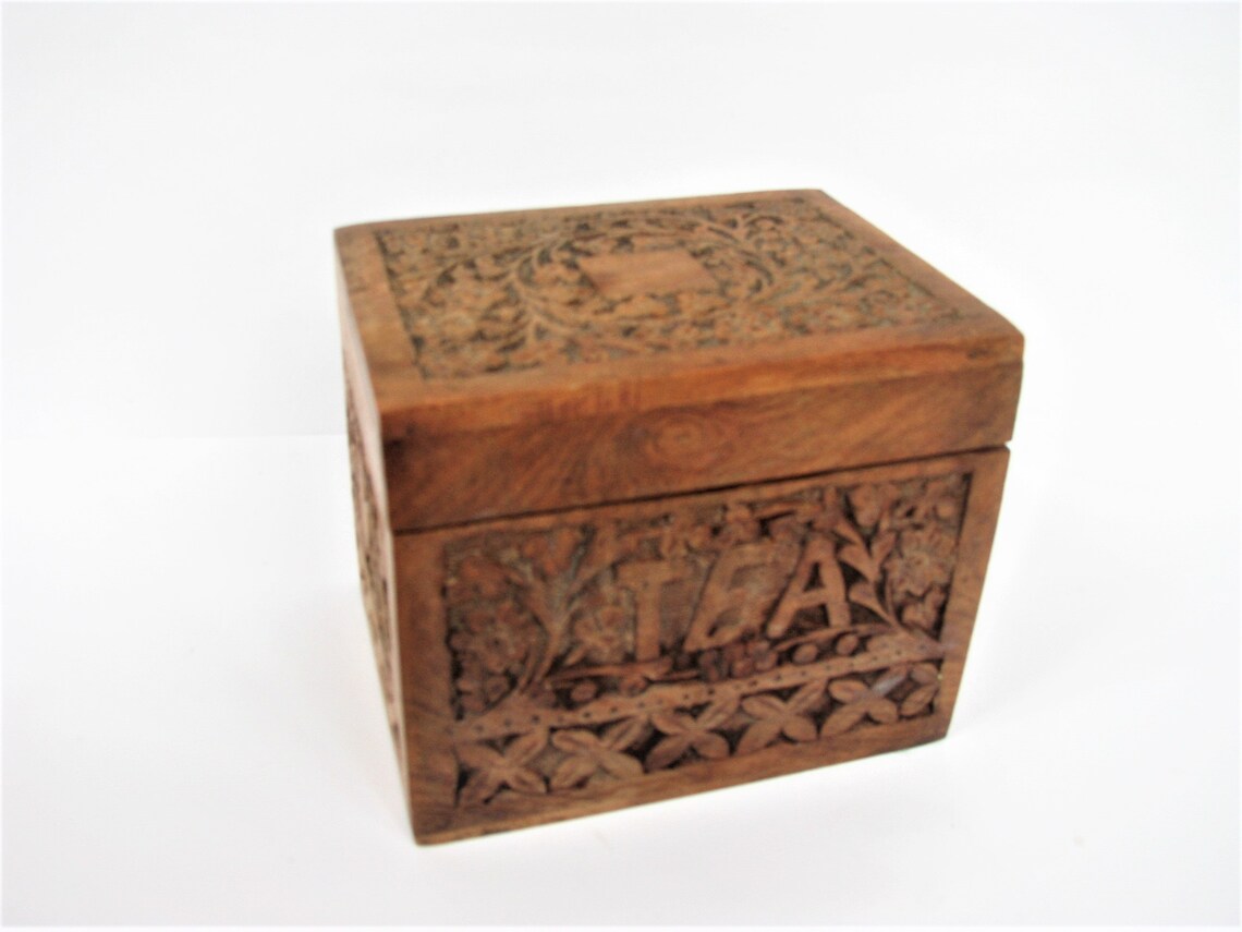 Vintage Indian Hand Carved Wooden Tea Box Trinket Jewelry Box | Etsy