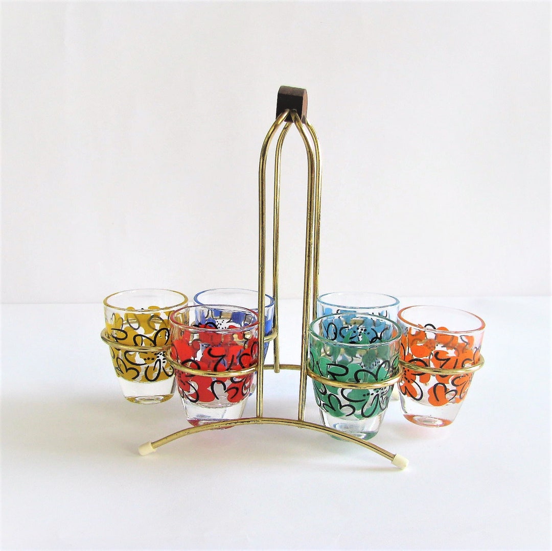 Vintage Set 6 X Multicolored Shot Glass W Modernist String Wire Caddy ...