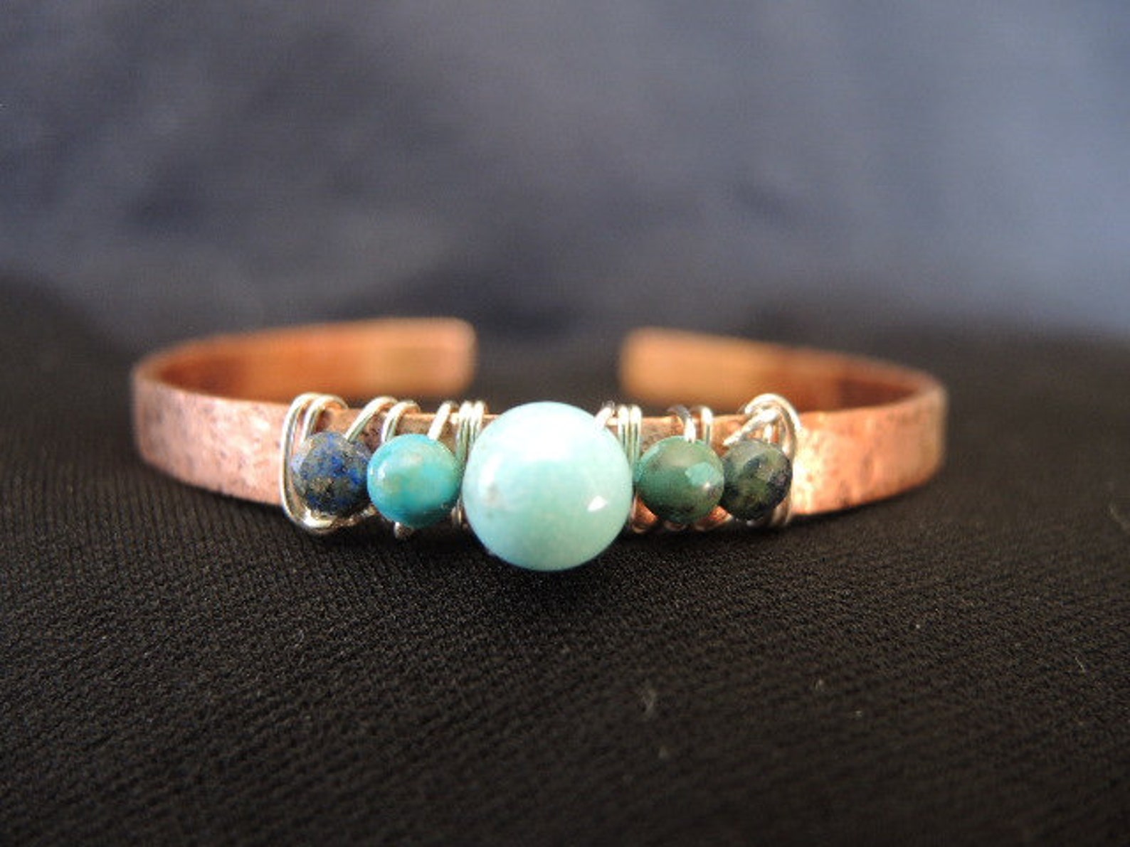Copper Metal Band Bracelet, Wire Wrapped Crystal Beads, Textured Copper ...