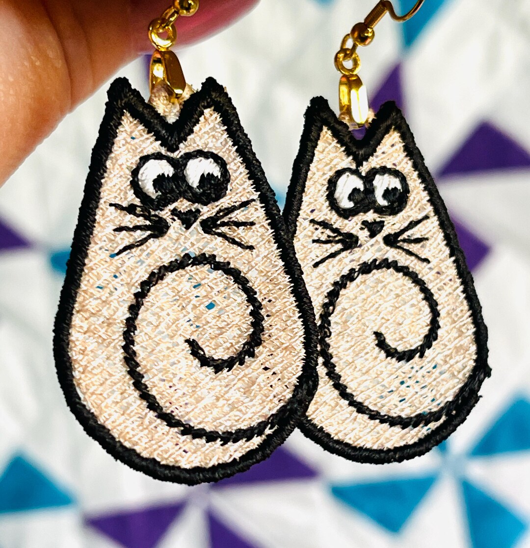 Derpy Cat FSL Earrings - in the Hoop Freestanding Lace Earrings - Machine Embroidery Digital ...