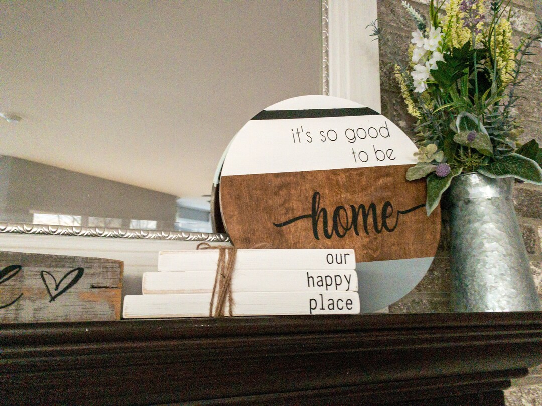 Wooden Book Stack, Decorative Book Set, Our Happy Place, Hand Painted ...