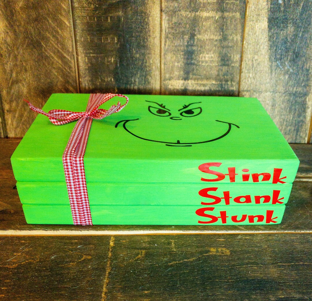 LARGE Grinch Christmas Book Stack Bookshelf Decor, Winter Christmas ...
