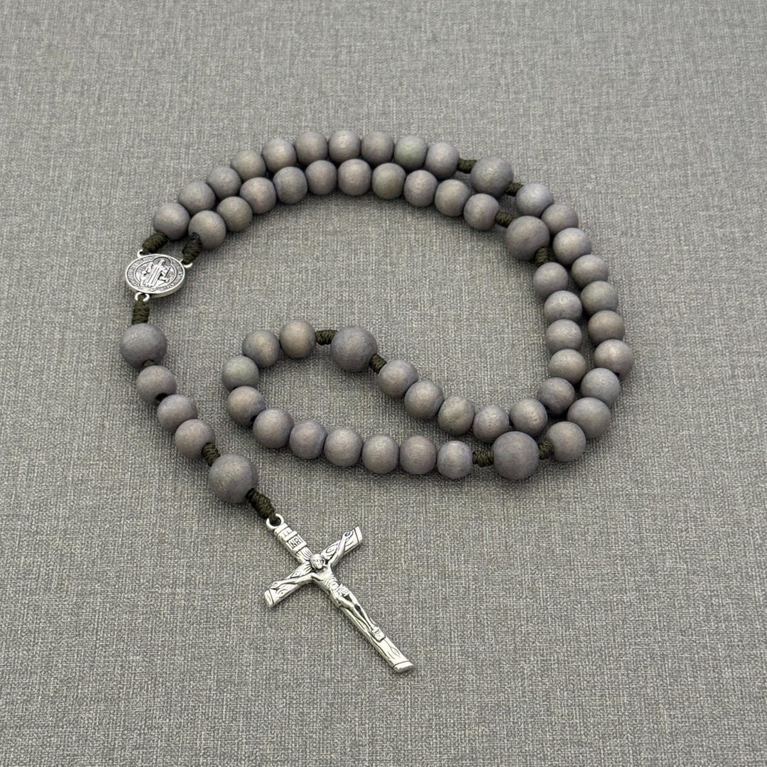 Handmade Gray Wood Rosary: St. Benedict Centerpiece, OD Green Paracord ...