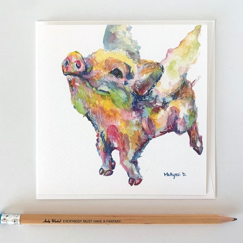 Flying Pig Card Blank Card Watercolor Painting Print Mini | Etsy