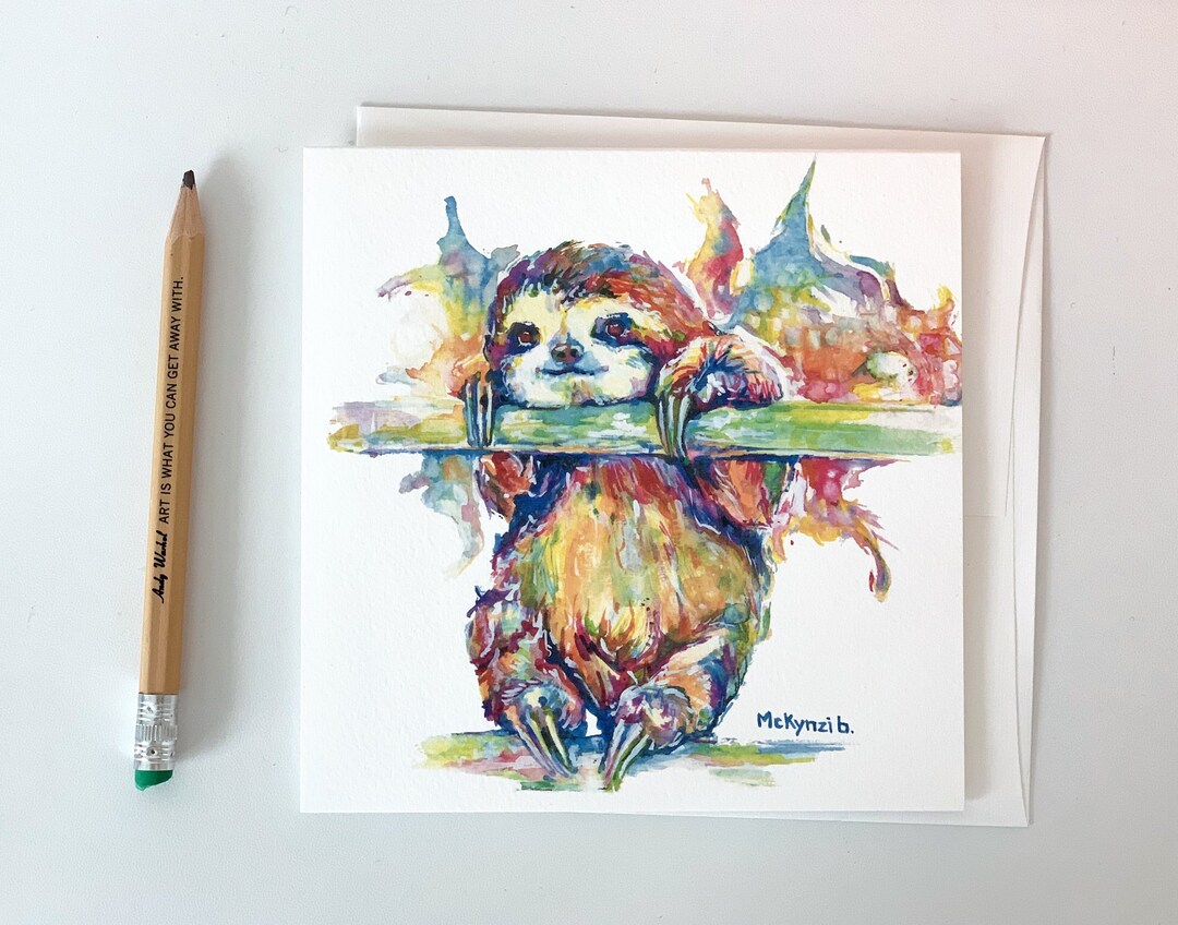 Happy Sloth Greeting Card - Rainbow Sloth Card, Blank Greeting Card ...