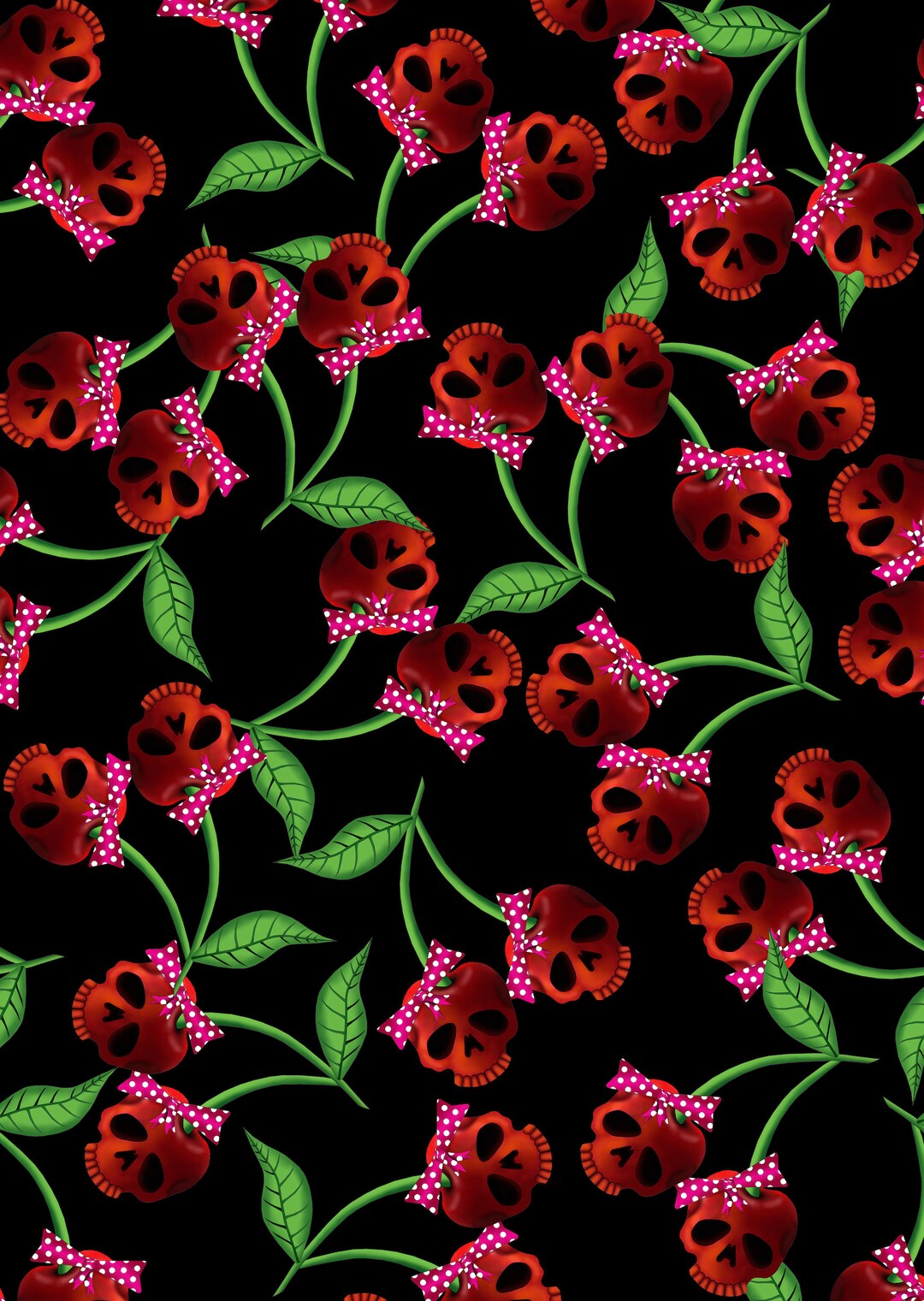 Gothic Cherry Skulls Bow Digital Print Stretch Spandex Fabric Stunning ...