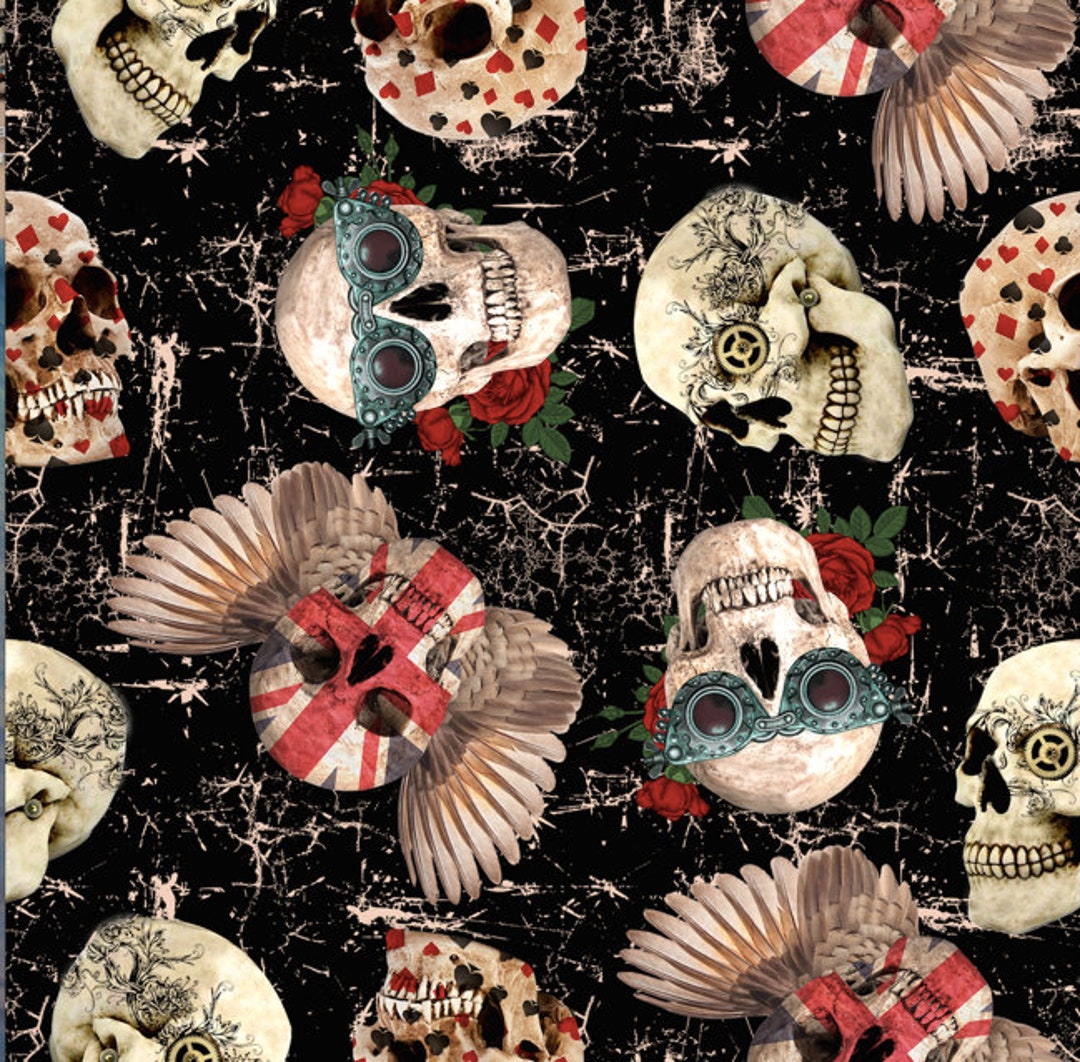 Gothic Steampunk Skulls Ornaments Union Jack Stretch Spandex Fabric ...
