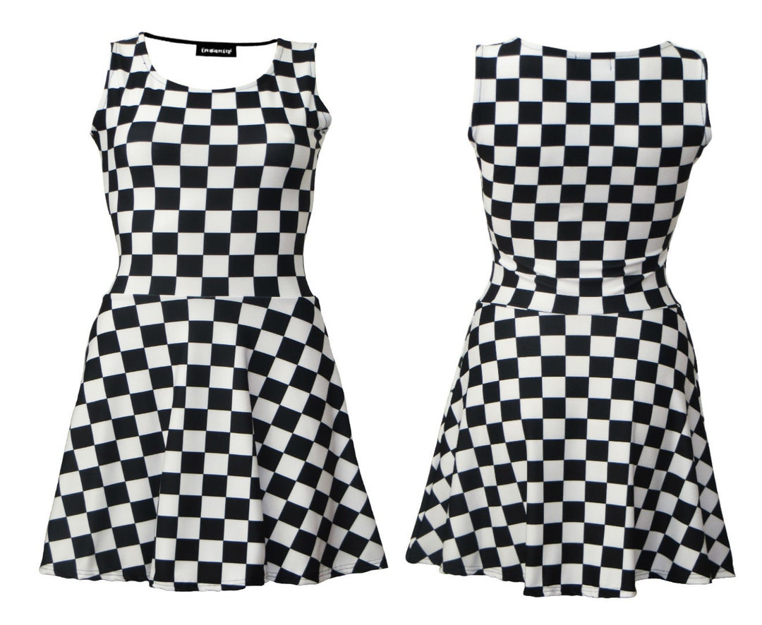 Chequered Chess Board Monochrome Alternative Print Sleeveless Skater ...