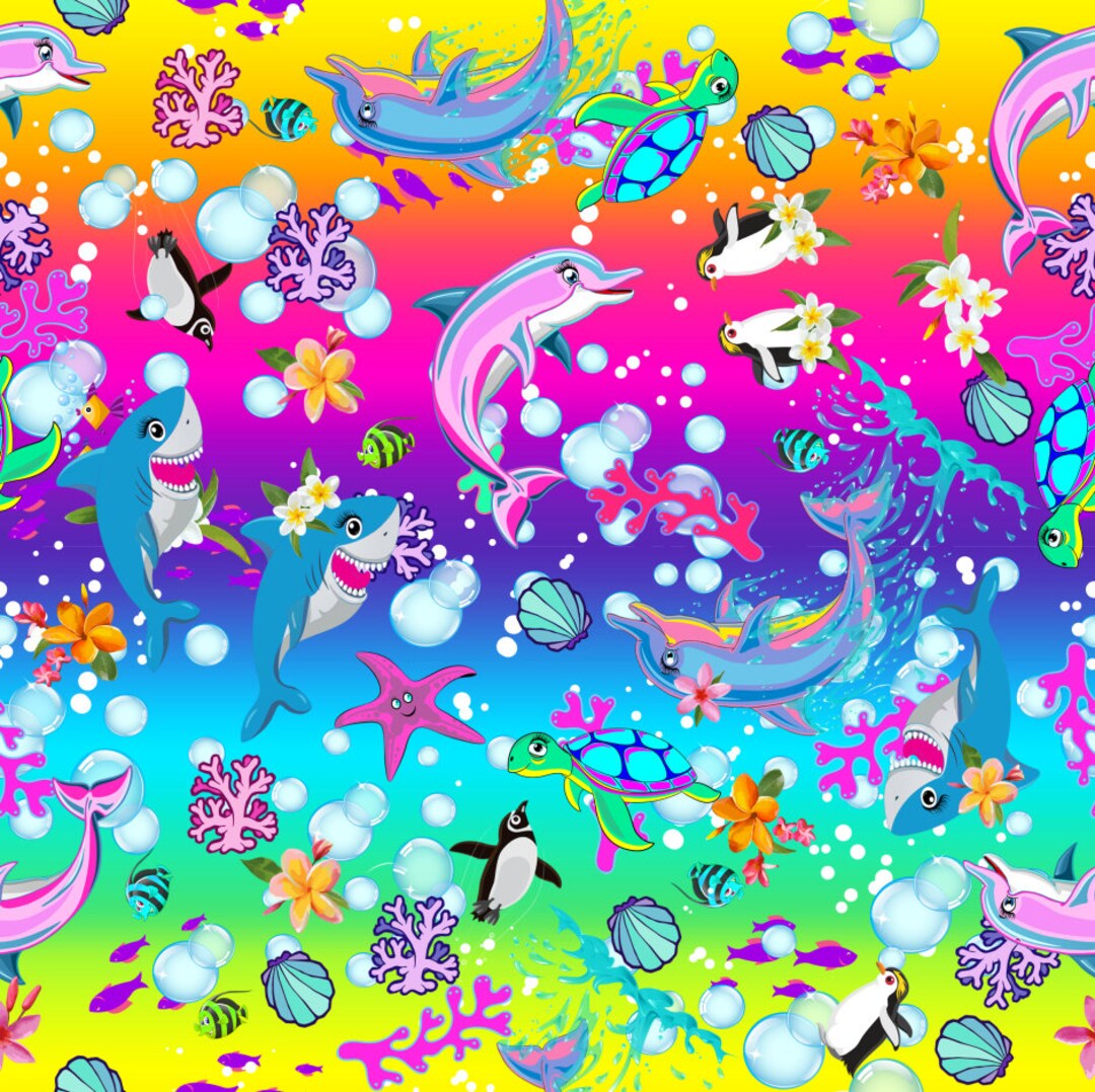 Multi Sea Animals Dolphins Coral Turtles Fish Sharks Floral Print ...