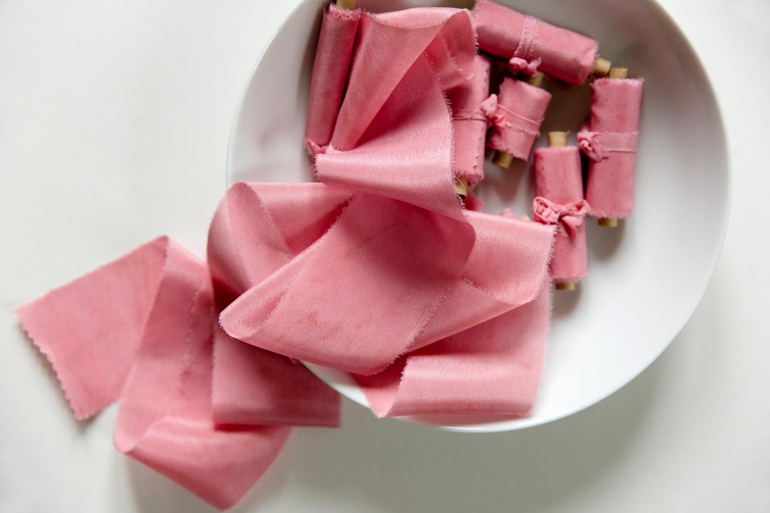 Nastro di seta, rosa con segni Nastro di seta tinto a mano, nastri di ...