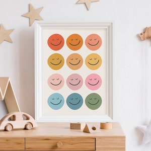 Retro Smiley Face Poster, Kids Rainbow Print, Stylish Playroom, Boho ...