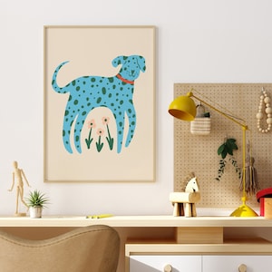 Fun Dalmatian Poster, Retro Animal Kids Print, Blue Spotted Dog Picture ...