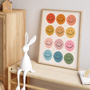 Retro Smiley Face Print, Kids Wall Art, Modern Playroom Art, Boho ...