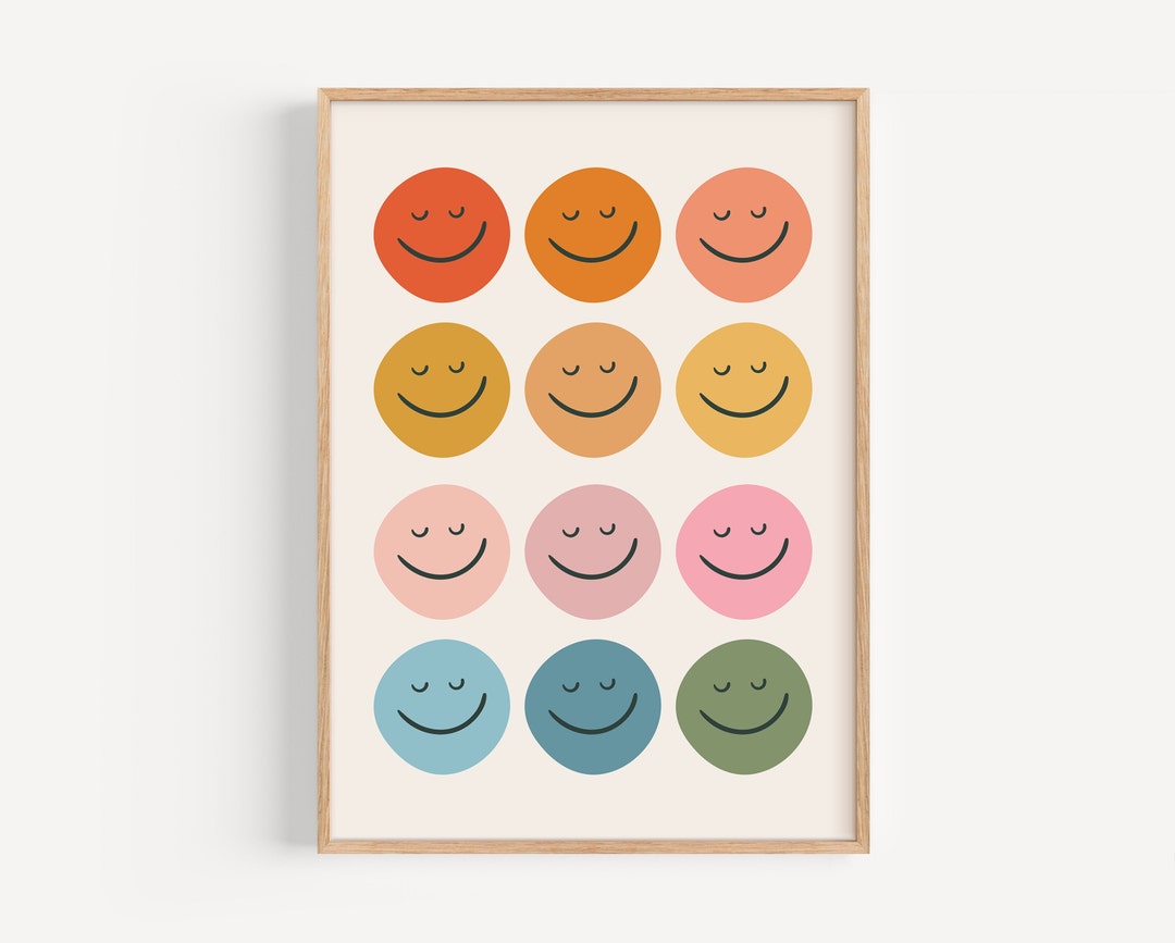 Retro Smiley Face Print, Kids Wall Art, Modern Playroom Art, Boho ...