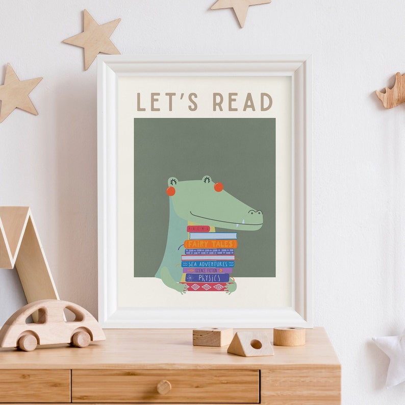 Kids Reading Poster, Retro Toddler Wall Art, Whimsical Crocodile ...