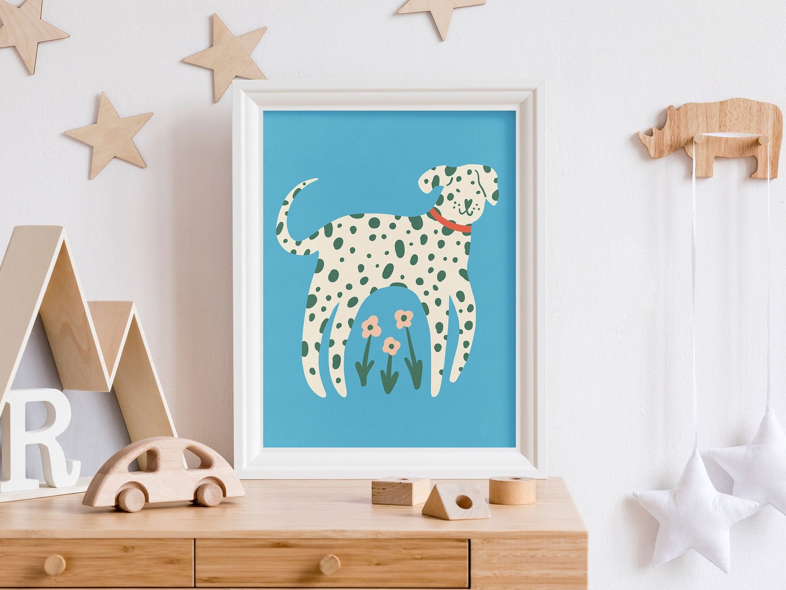 Fun Dalmatian Poster, Retro Animal Kids Print, Blue Spotted Dog Picture ...