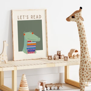 Kids Reading Poster, Retro Toddler Wall Art, Whimsical Crocodile ...