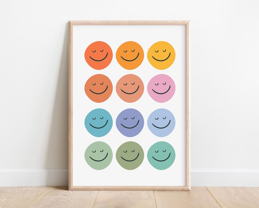 Bright Smiley Face Print, Kids Wall Art, Rainbow Playroom Decor ...