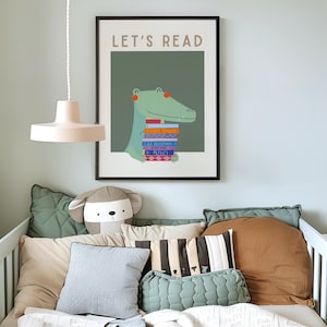 Kids Reading Poster, Retro Toddler Wall Art, Whimsical Crocodile ...