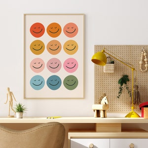 Retro Smiley Face Print, Kids Wall Art, Modern Playroom Art, Boho ...