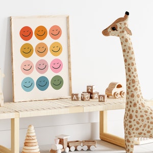 Retro Smiley Face Print, Kids Wall Art, Modern Playroom Art, Boho ...