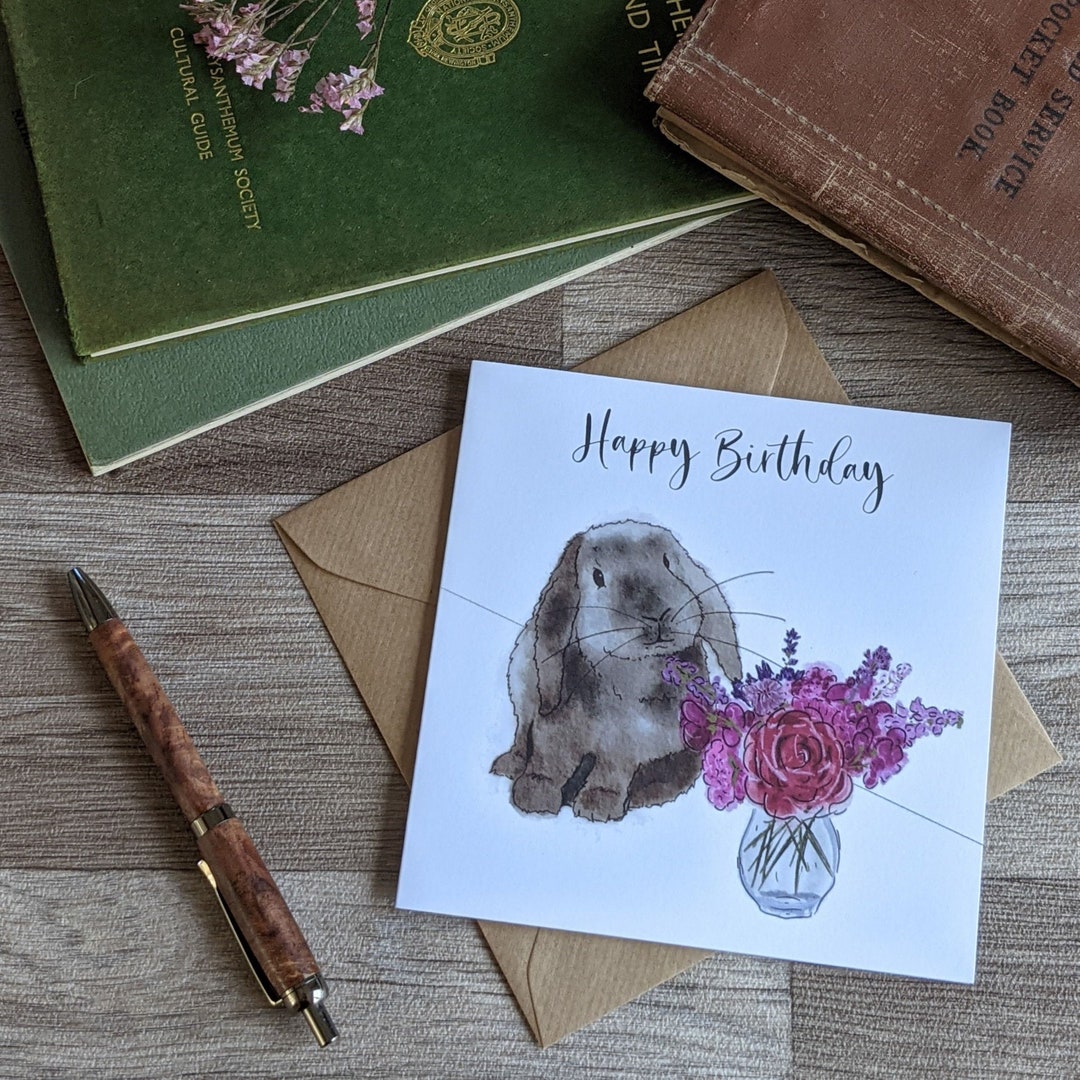 Rabbit Birthday Card Vase of Flowers - Etsy