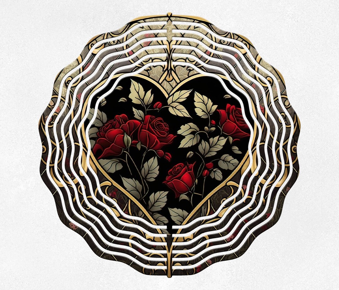 10 Inch Red Roses Gold Heart Stained Glass Look Wind Spinner Yard Decor ...