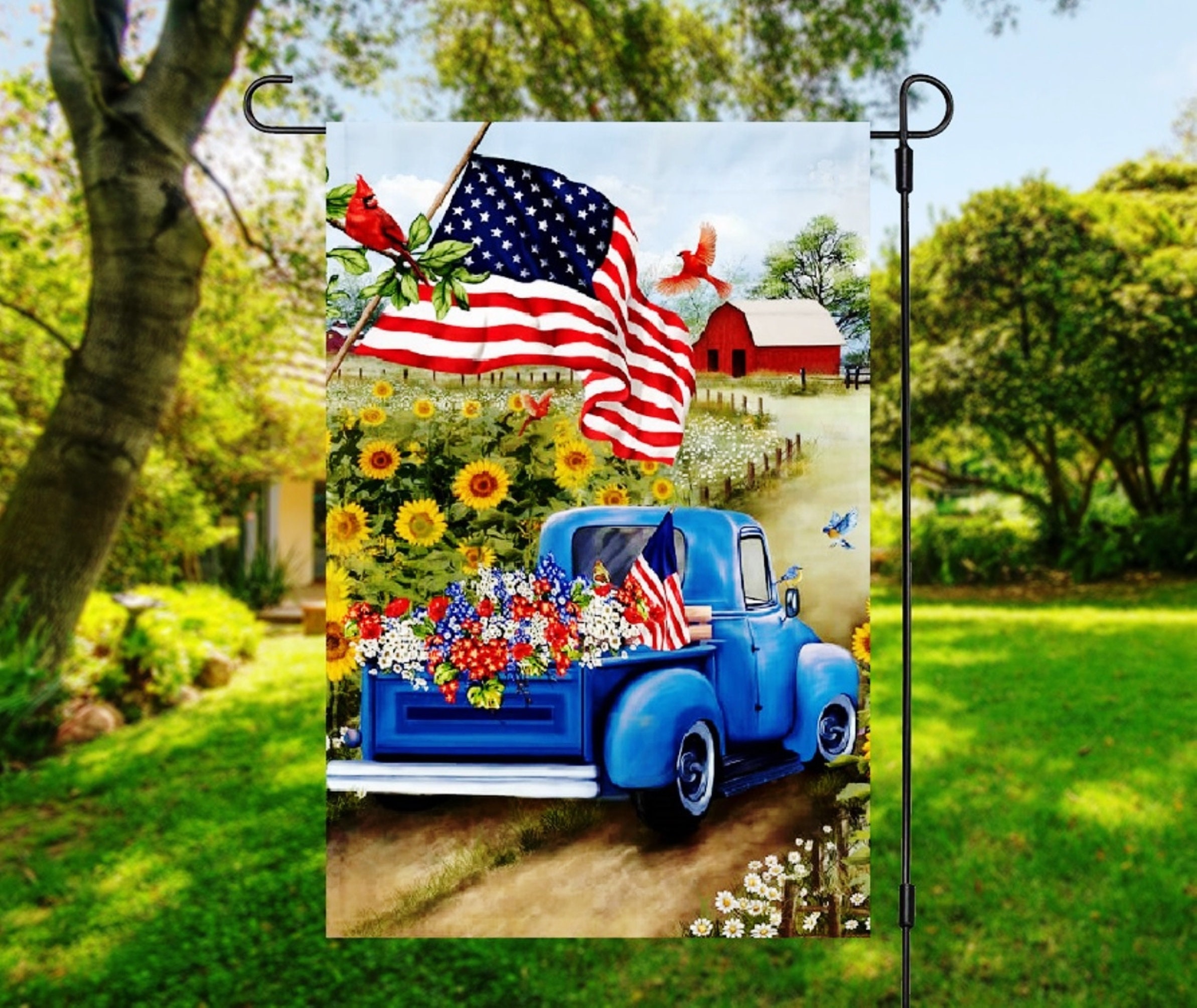 American Flag Pick Up Truck Patriotic Sublimated Double Sided Deluxe