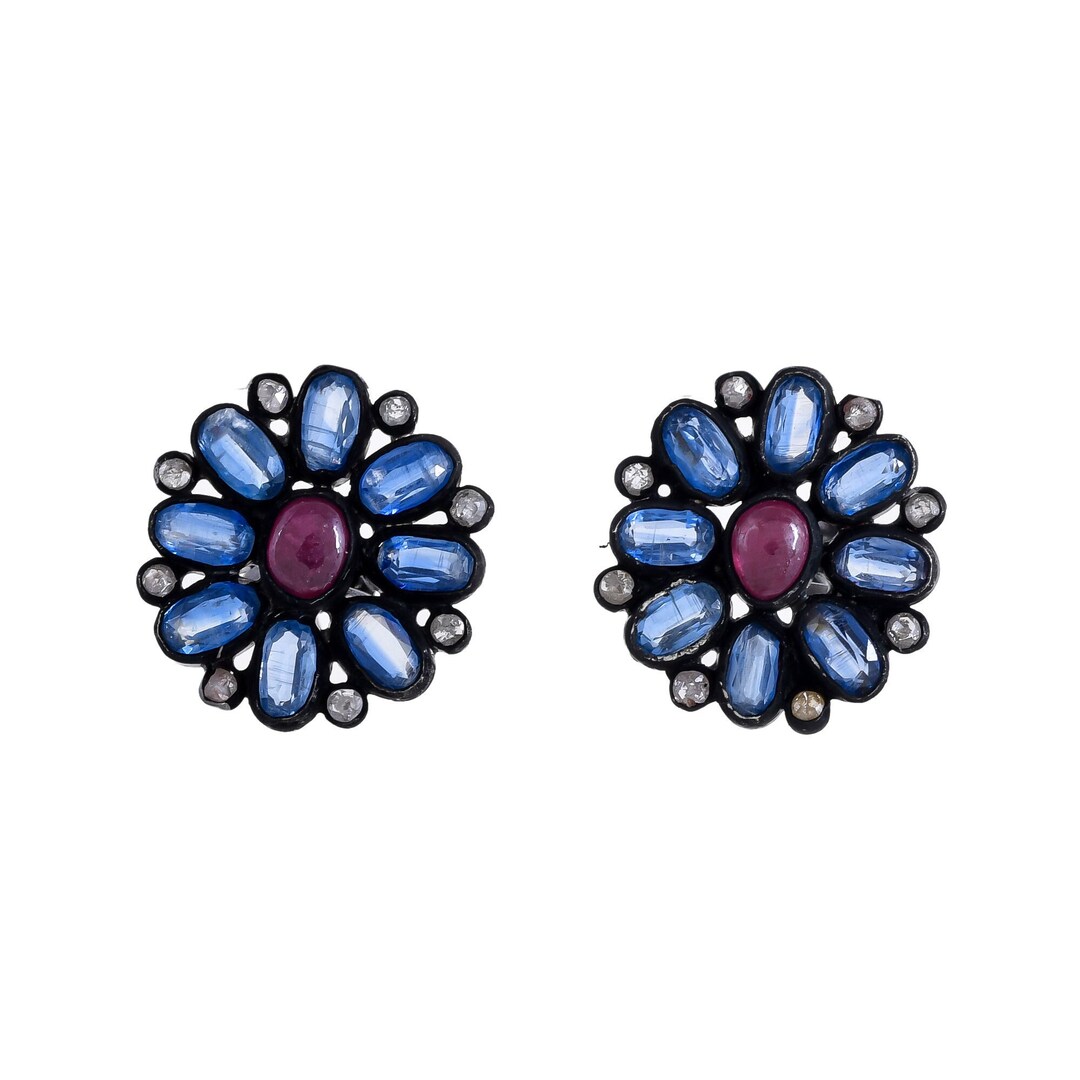 Diamond, Kyanite & Pink Tourmaline Oxidized Sterling Silver Stud ...