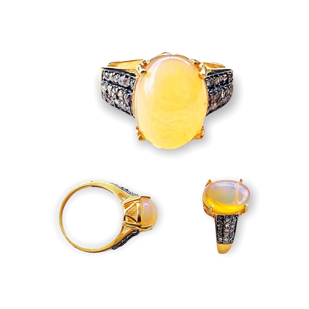 Bague opale & diamant en argent sterling oxydé - Etsy France