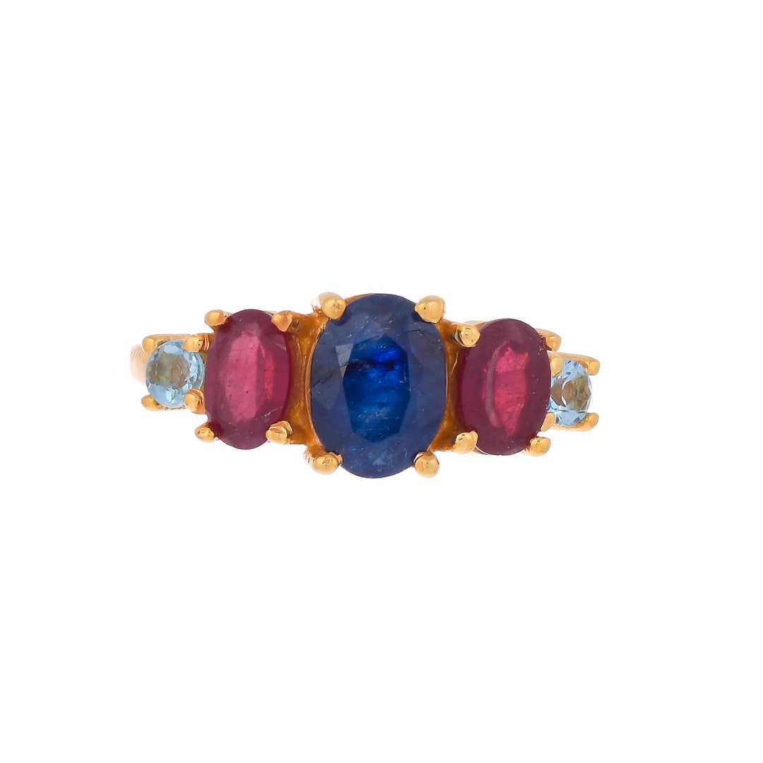 Blue Sapphire, Ruby & Blue Topaz Gold Vermeil Over Sterling Silver Ring ...