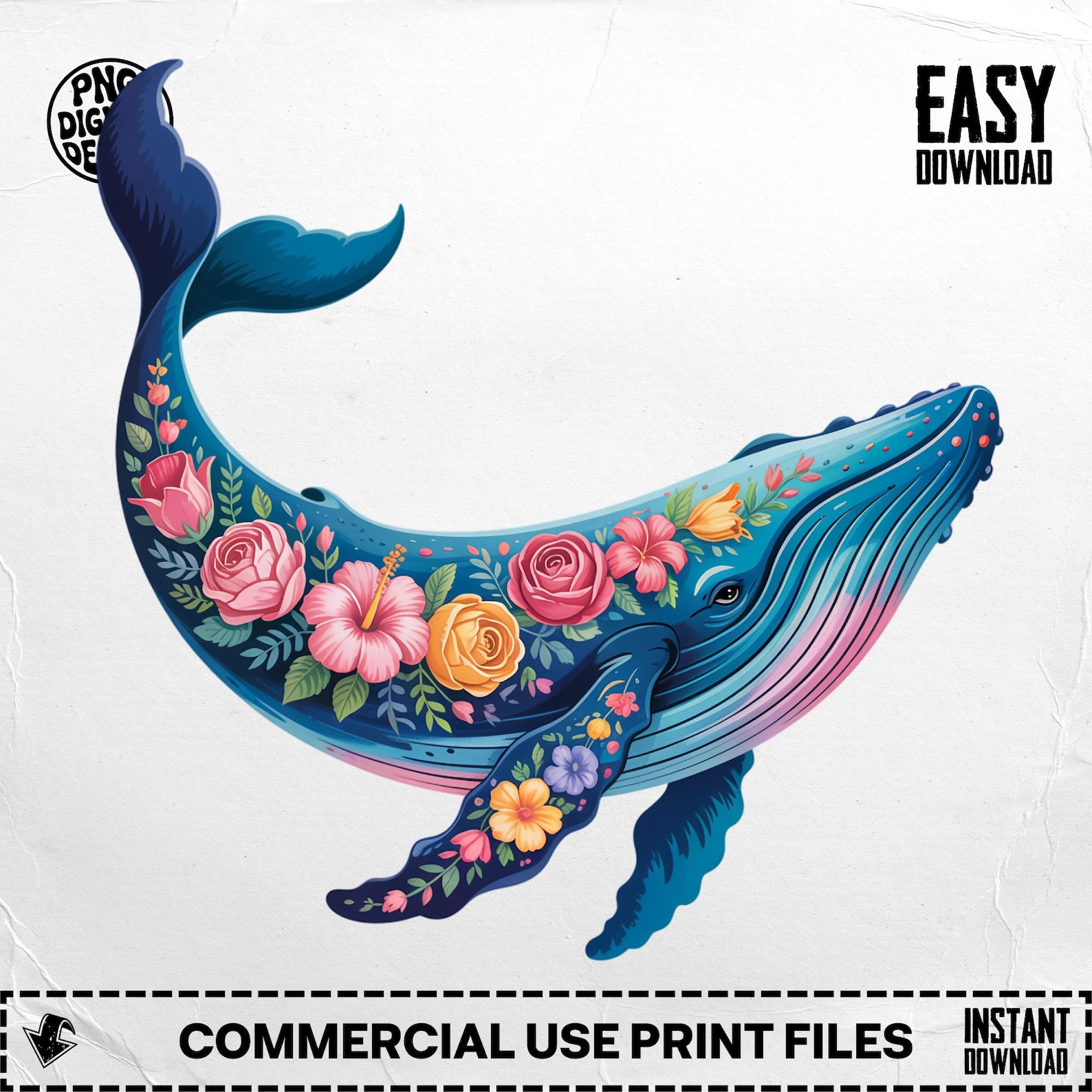 Watercolor Floral Whale PNG: Boho Clipart for Sublimation (digital ...