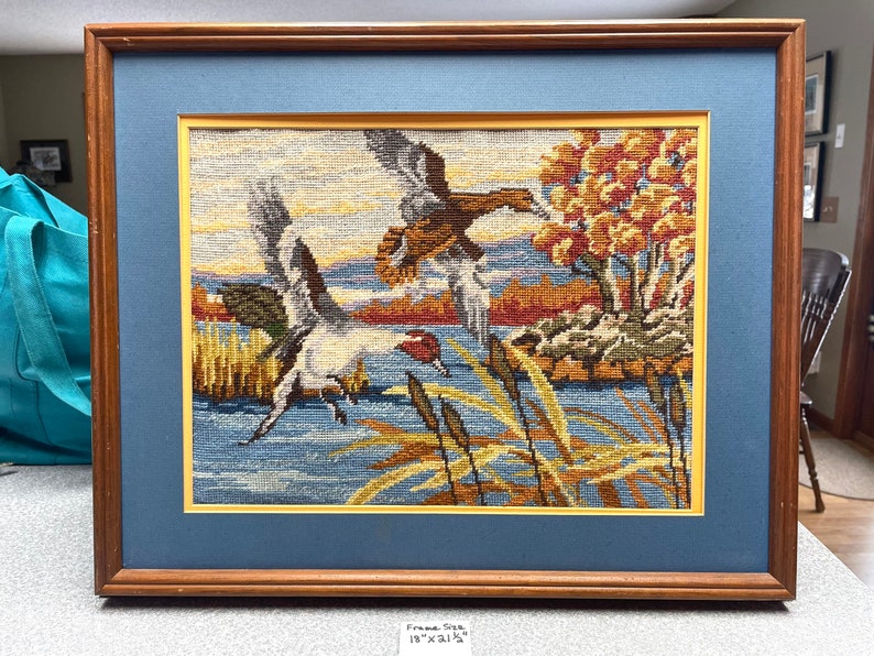 Vintage 1980s Flying Ducks Needlpoint Framed & Matted 18x21 1/2 ...