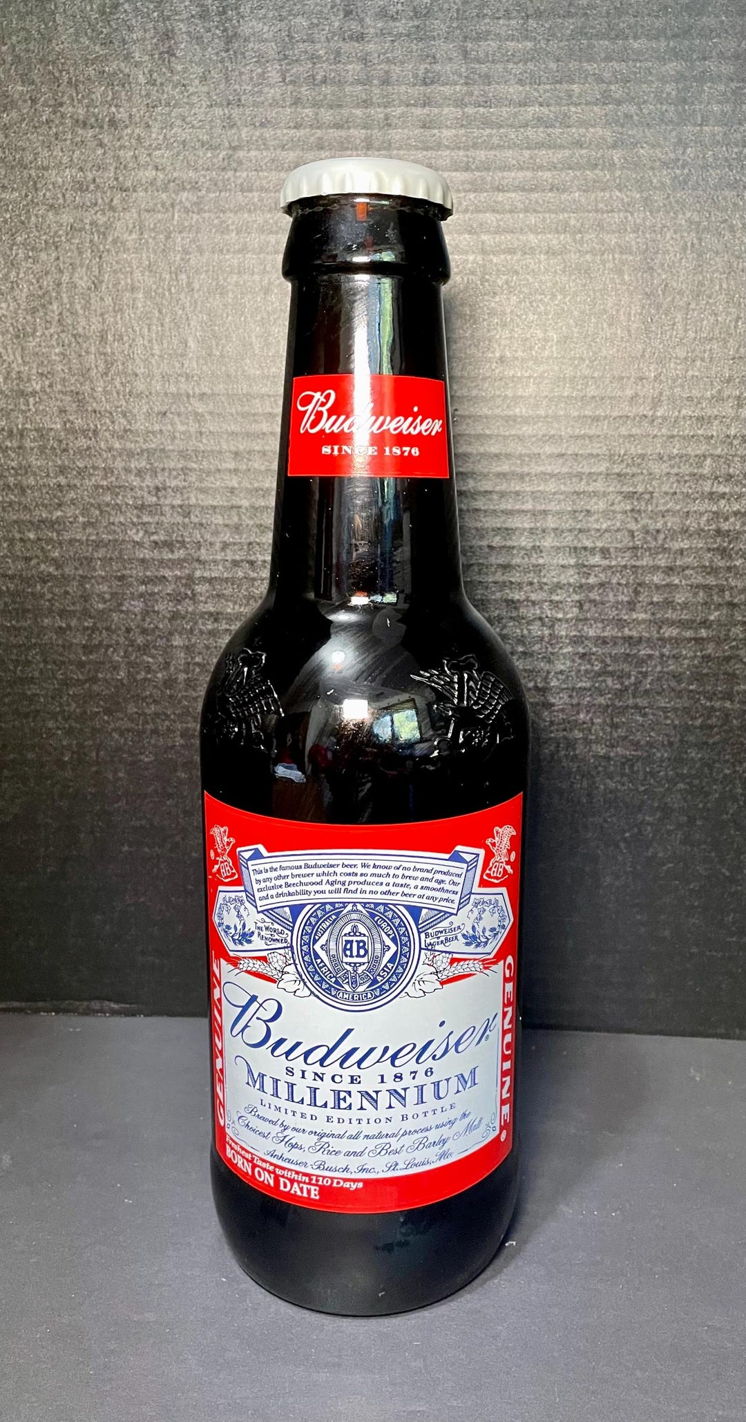 Large Budweiser Beer Millenium Glass Beer Bottle Coin Bank 14.5 W Cap ...