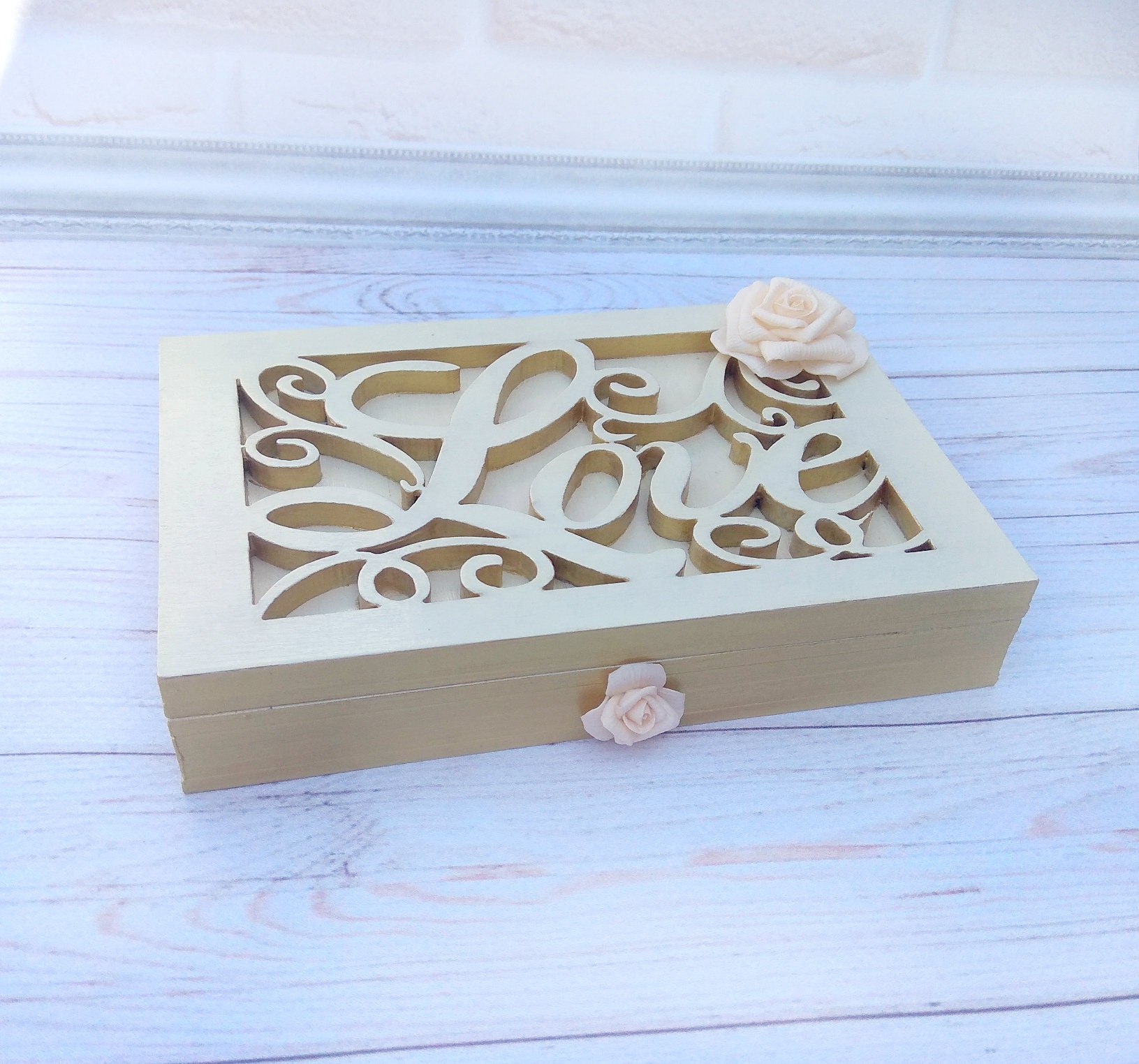 Ring Bearer Box Champagne Gold Cream Ivory Wedding Ring Box Blush Rose ...