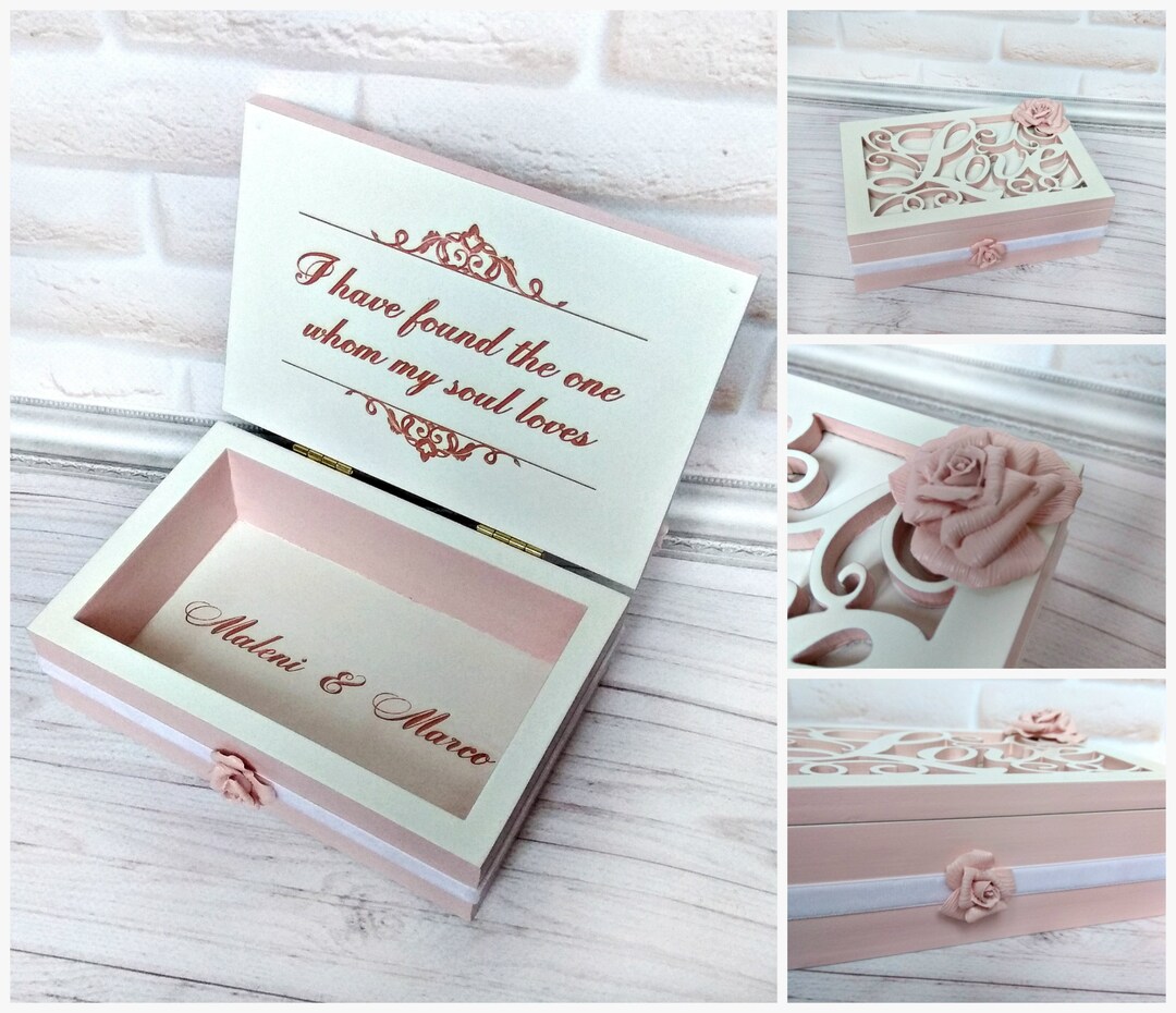 Wooden Wedding Lasso Box Personalised Rose Gold White Blush Wedding ...
