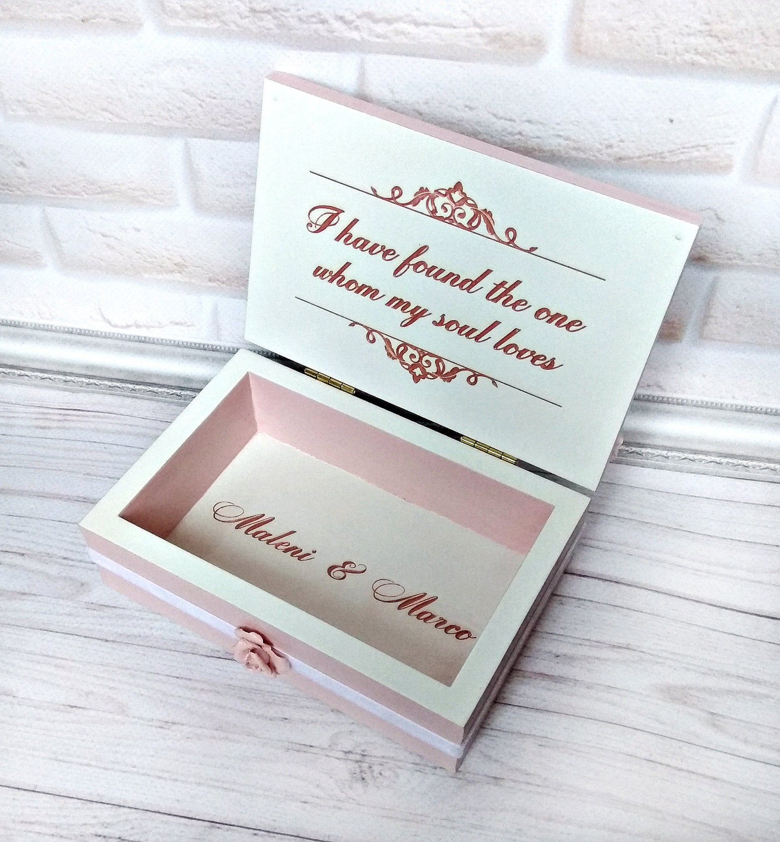 Wooden Wedding Lasso Box Personalised Rose Gold White Blush Wedding ...