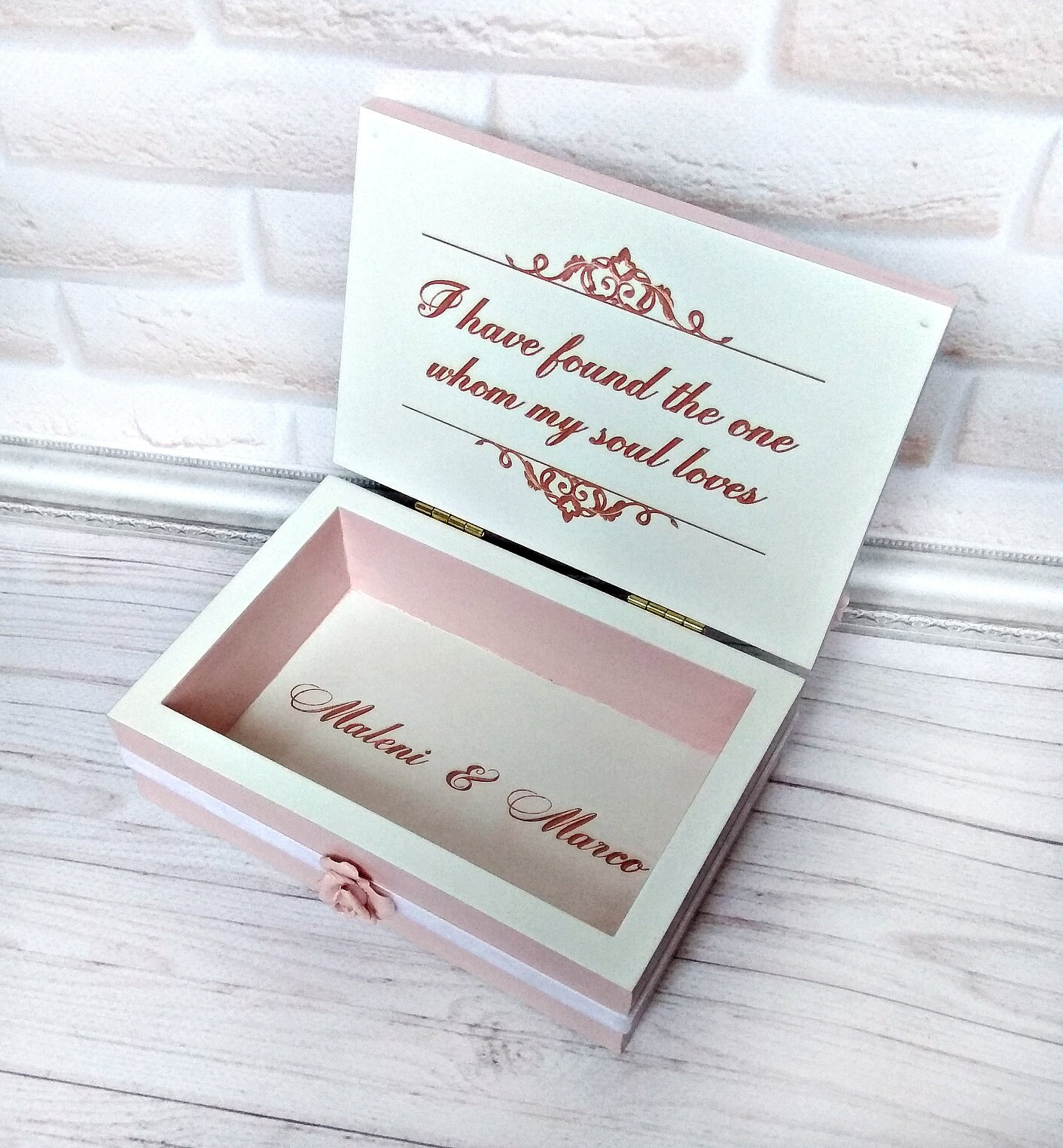 Wooden Wedding Lasso Box Personalised Rose Gold White Blush Wedding ...